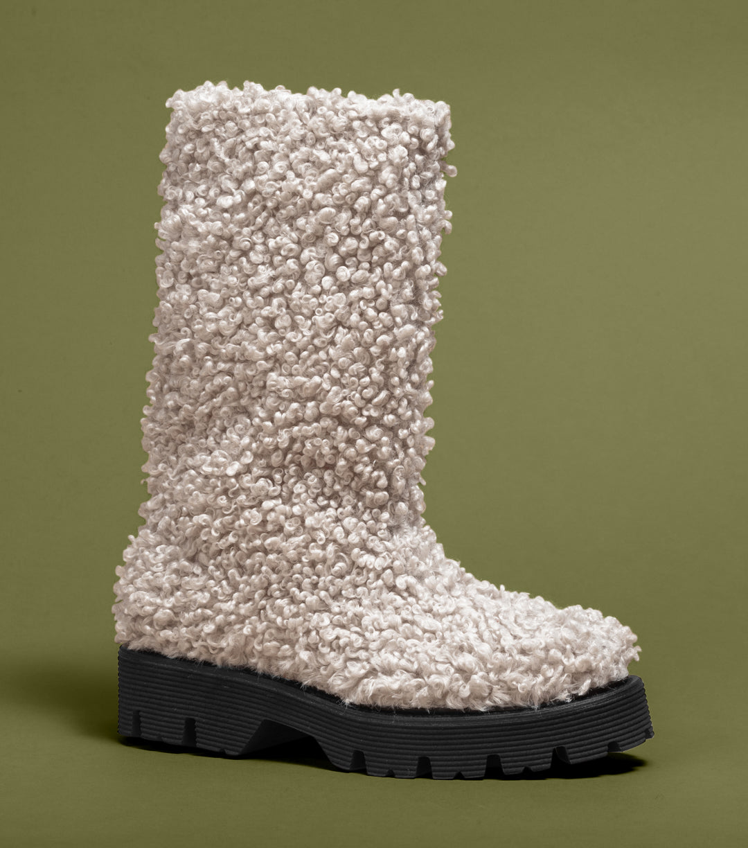 Abu, a sustainable beige vegan shearling boot by O2 Monde